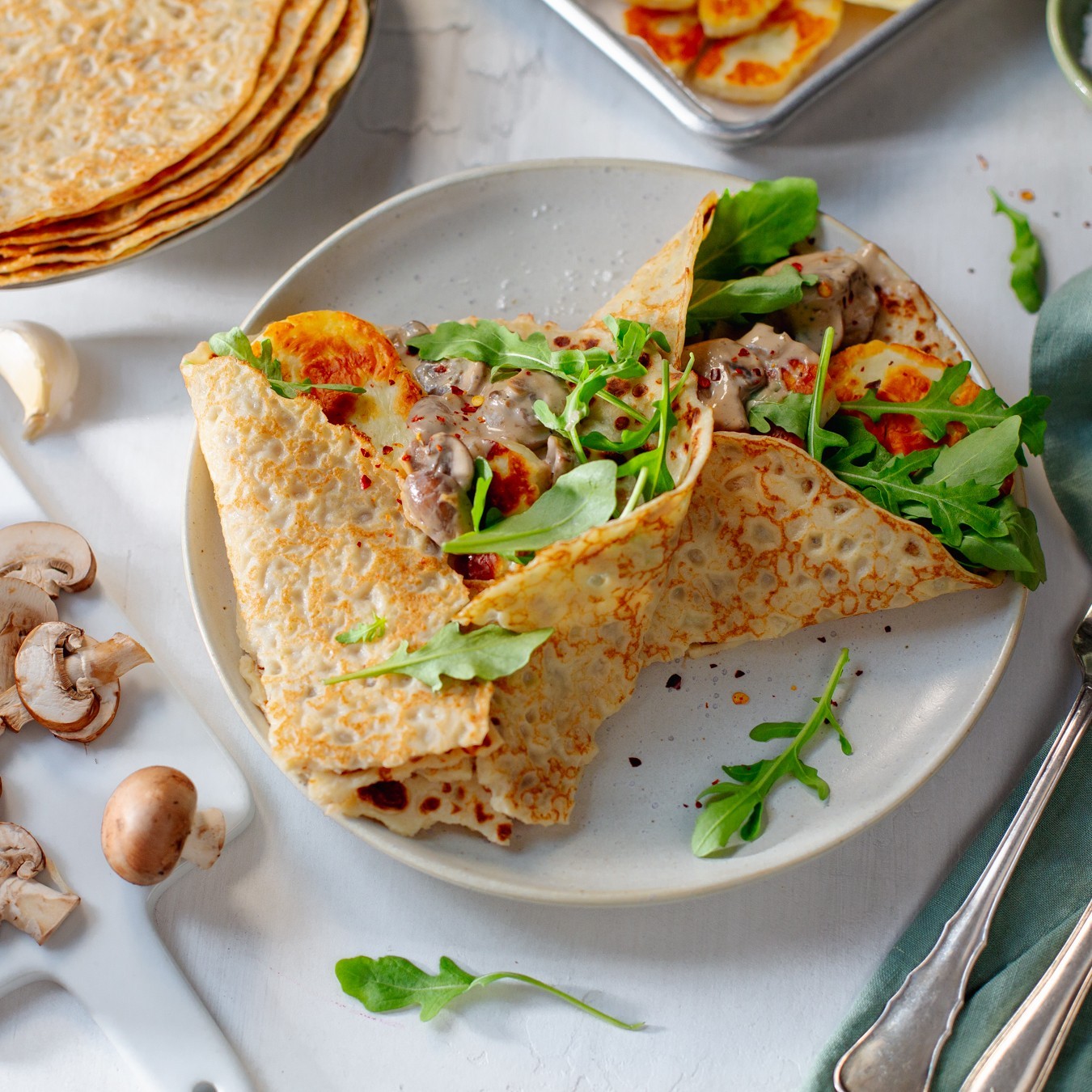 Crepes with halloumi cheese, mushroom filling and arugula - Pop Bakery ...